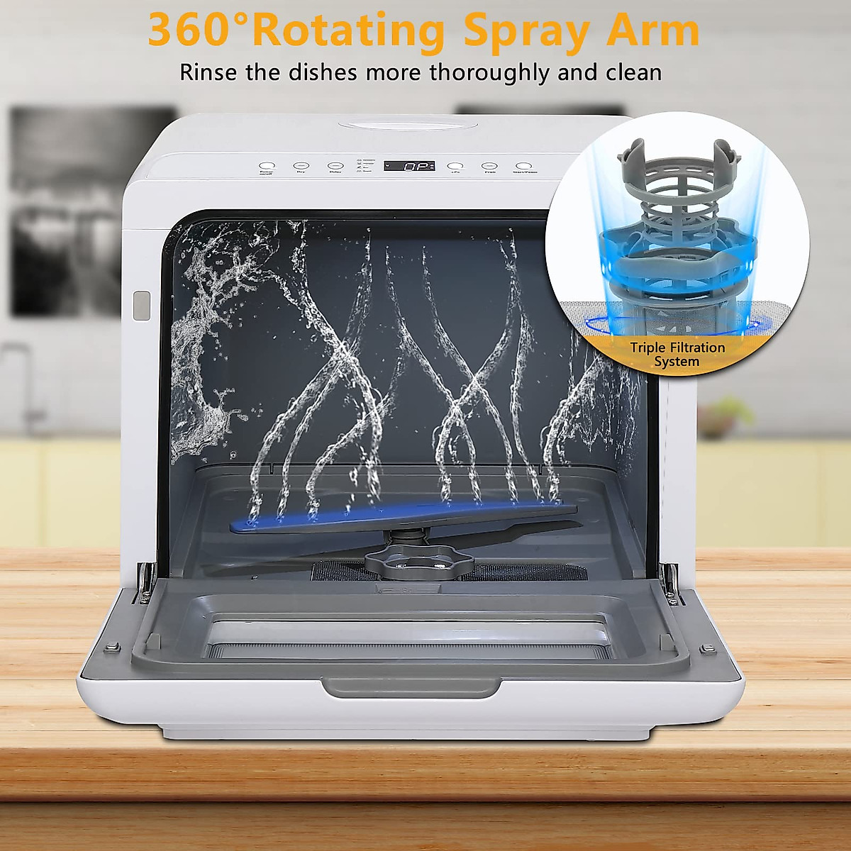 ROVSUN Portable Countertop Dishwasher, Mini Dishwasher with 5 Washing Programs, 5L Built-in Water Tank, 360° Spray Arms, Air-Dry Function & Fruit Cleaning for Apartments, Dorms and RVs (White)