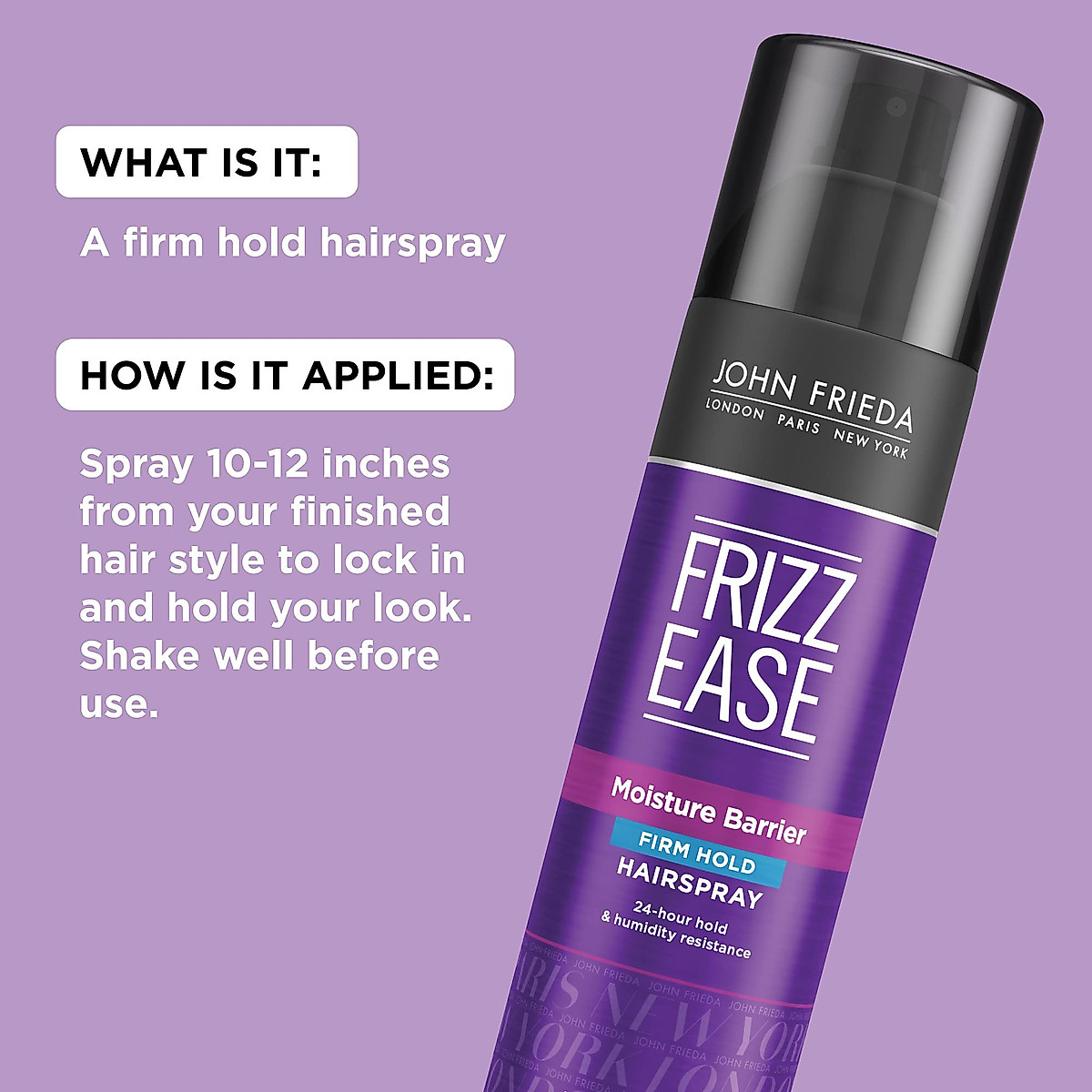 John Frieda Anti Frizz, Frizz Ease Firm Hold Hairspray, Anti-Humidity Spray for Hair, for 24-hour Hold, 12 Oz