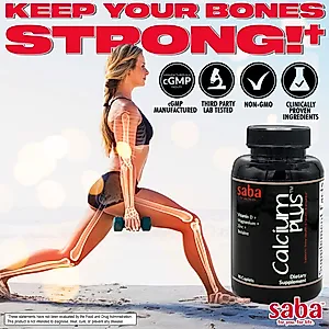 Saba Calcium Plus - Bone Strength - Calcium, Magnesium, Potassium, Vitamin D, Zinc, Betaine - GMO, Soy, Gluten Free Ingredients - Whole Food Supplement for Bone Health, Immune - 90 Caplets