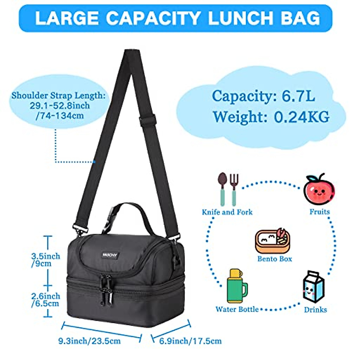 VASCHY Lunch Box Bag Men, Insulated Two Compartments Bento Cooler Bags for Adults/Women/Kids for School,Daycare,Kindergarten,Picnic Black
