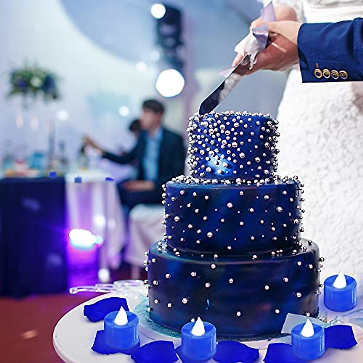 600 Pieces Artificial Rose Petals with 12 Pieces LED Tea Lights Candle Romantic Flickering Candle for Romantic Night Valentine's Day Anniversary Wedding Honeymoon (Blue Light)