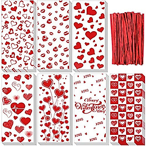 Zonon 175 Pieces Valentine Party Favor Bags Valentine Goodies Bags Valentine Cellophane Bags Valentine Cookie Bag with 200 Pieces Twist Ties for Valentine Party Candy and Cookies