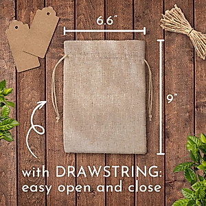 50 burlap bags with drawstring 6.6x9 inch with 50 tags and 50 Strings. Burlap bag for holiday gift. Burlap sack for groceries and food. Burlap sacks for Planting Plants. Burlapbag for Mugs, ect.