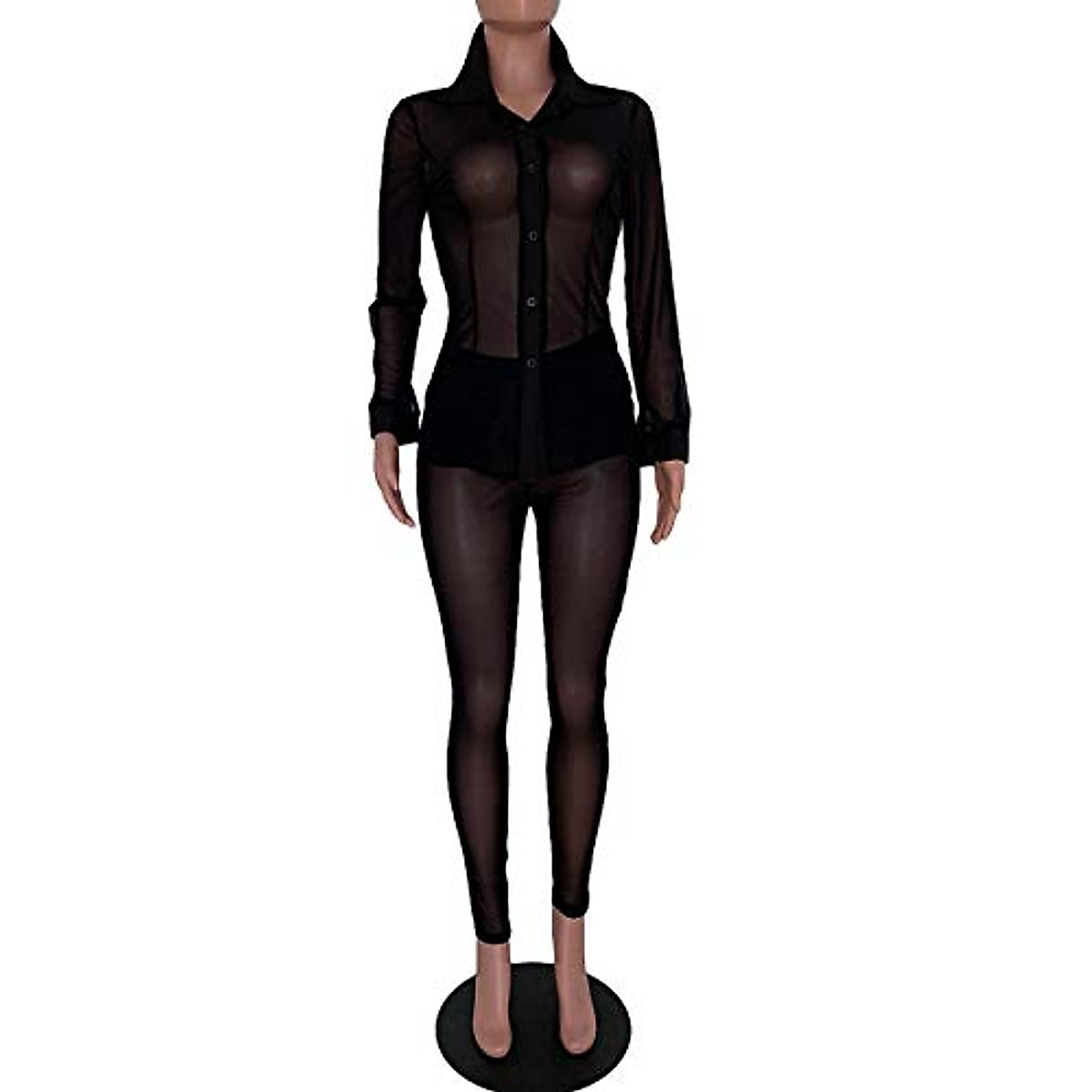 Uni Clau Women Sexy See Through Two Piece Outfits Set Long Sleeve Blouse Sheer Mesh Skinny Pants Club Jumpsuit Black XL