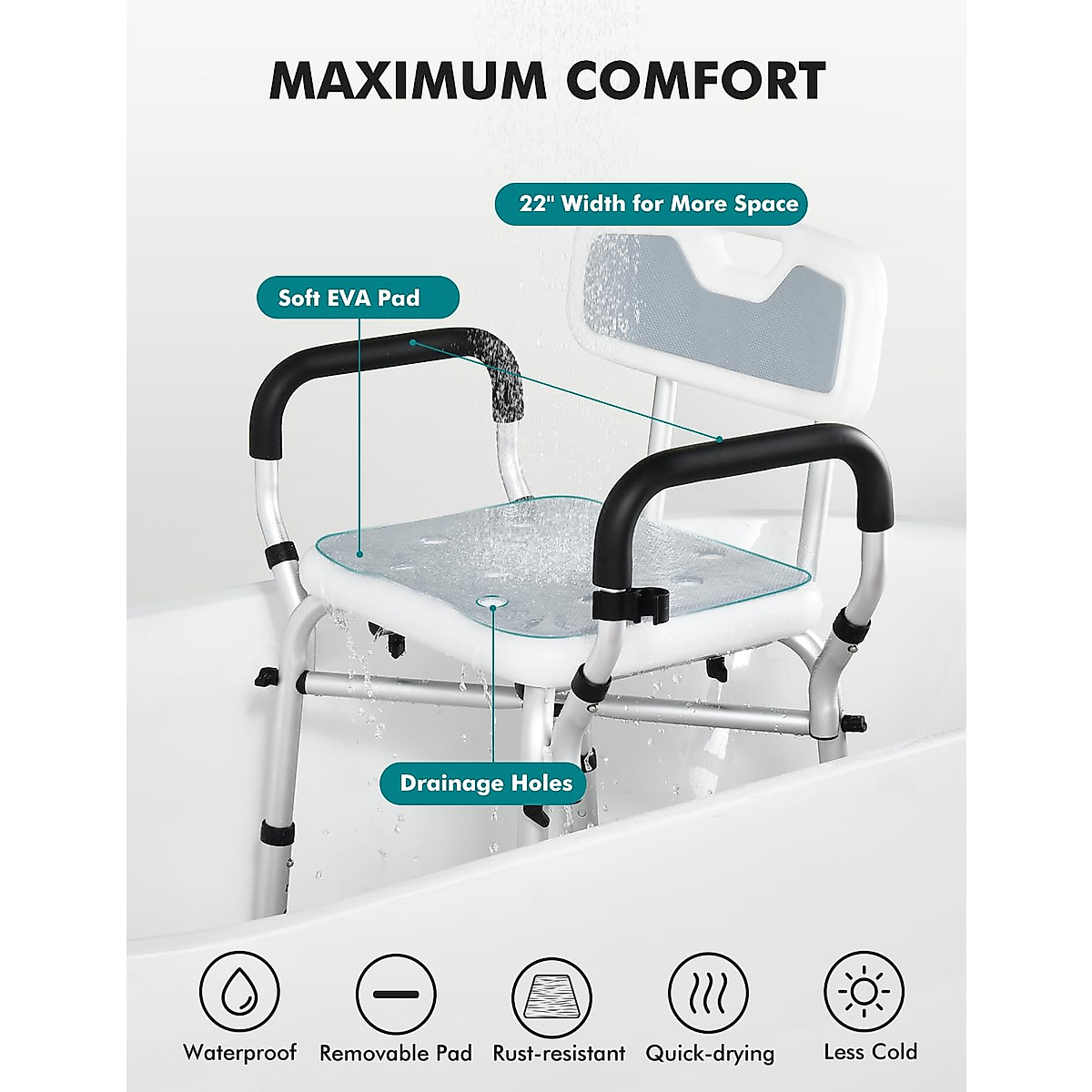 VFAUOSIT Shower Chair for Inside Shower, FSA/HSA Eligible 6-Height (550 lb) Shower Chair for Elderly and Disabled with Arms and Back, Shower Seats for Adults with Shower Bag, Bath Chairs for Seniors