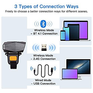 Eyoyo 1D Bluetooth Wearable Ring Barcode Scanner, Portable Mini Finger Bar Code Reader with 2.4GHz Wireless & USB Wired Connection for iPhone iPad Android iOS, for Book, Warehouse Inventory, Express