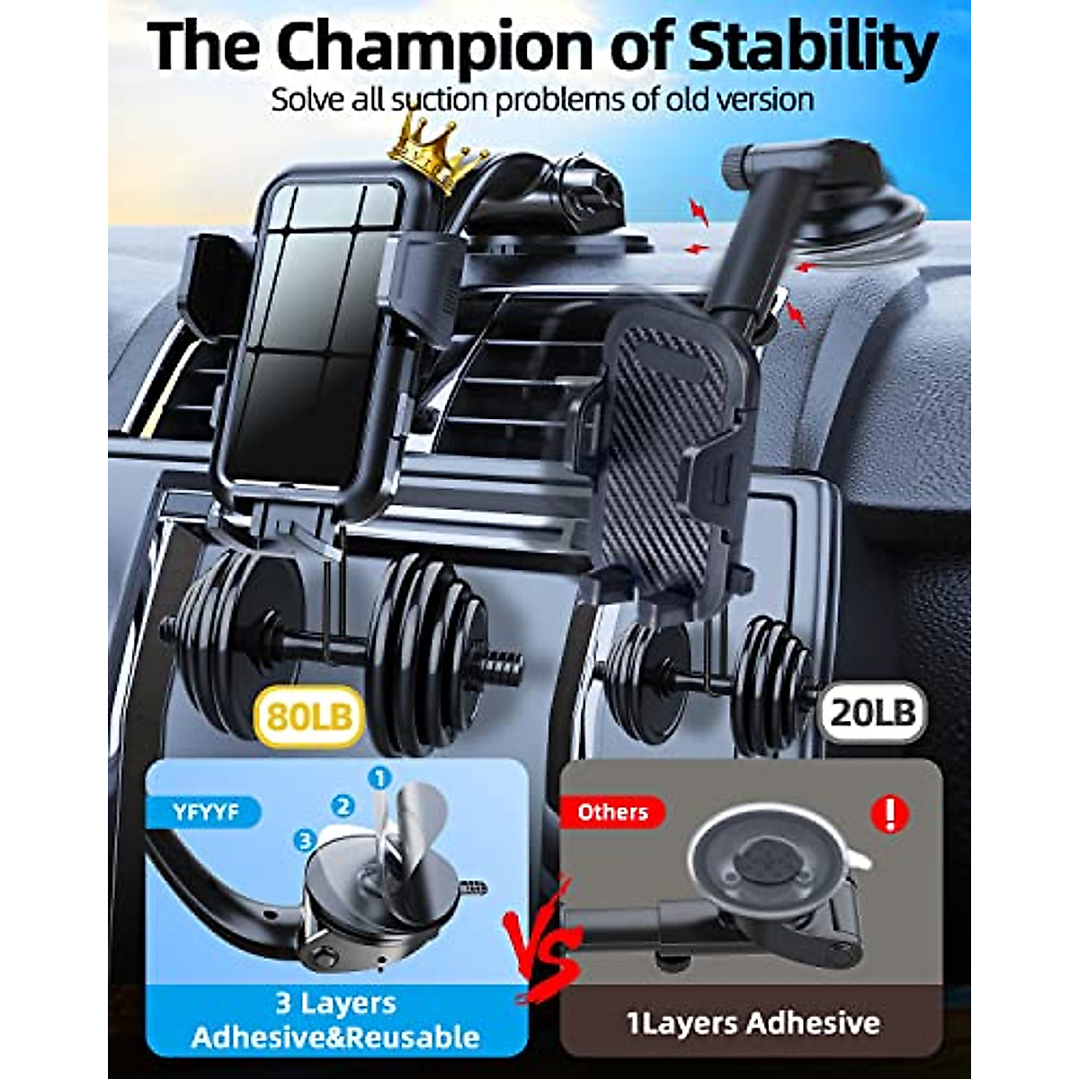 YFYYF Phone Mount for Car Phone Holder Mount for Dashboard Windshield Vent, Military Grade Suction & Metal Hook, Handsfree Stand Cell Phone Holder Car Accessories for iPhone, All iOS & Android Phone