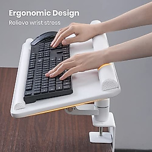 Tilt&Height Adjustable Keyboard Tray Under Desk&Above Desk - Klearlook 2 in 1 PU Leather Sit Stand Keyboard Riser w/360° Rotation, 25x11"Clamp-on Keyboard Stand Desk Extender w/Wrist Rest&Drawer-White