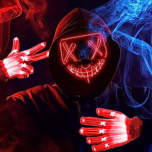 JOYIN Halloween Led Light Up Scary Mask and Gloves for Cosplay Costume (Red), 3 Modes Glow in The Dark Mask for Boys Girls