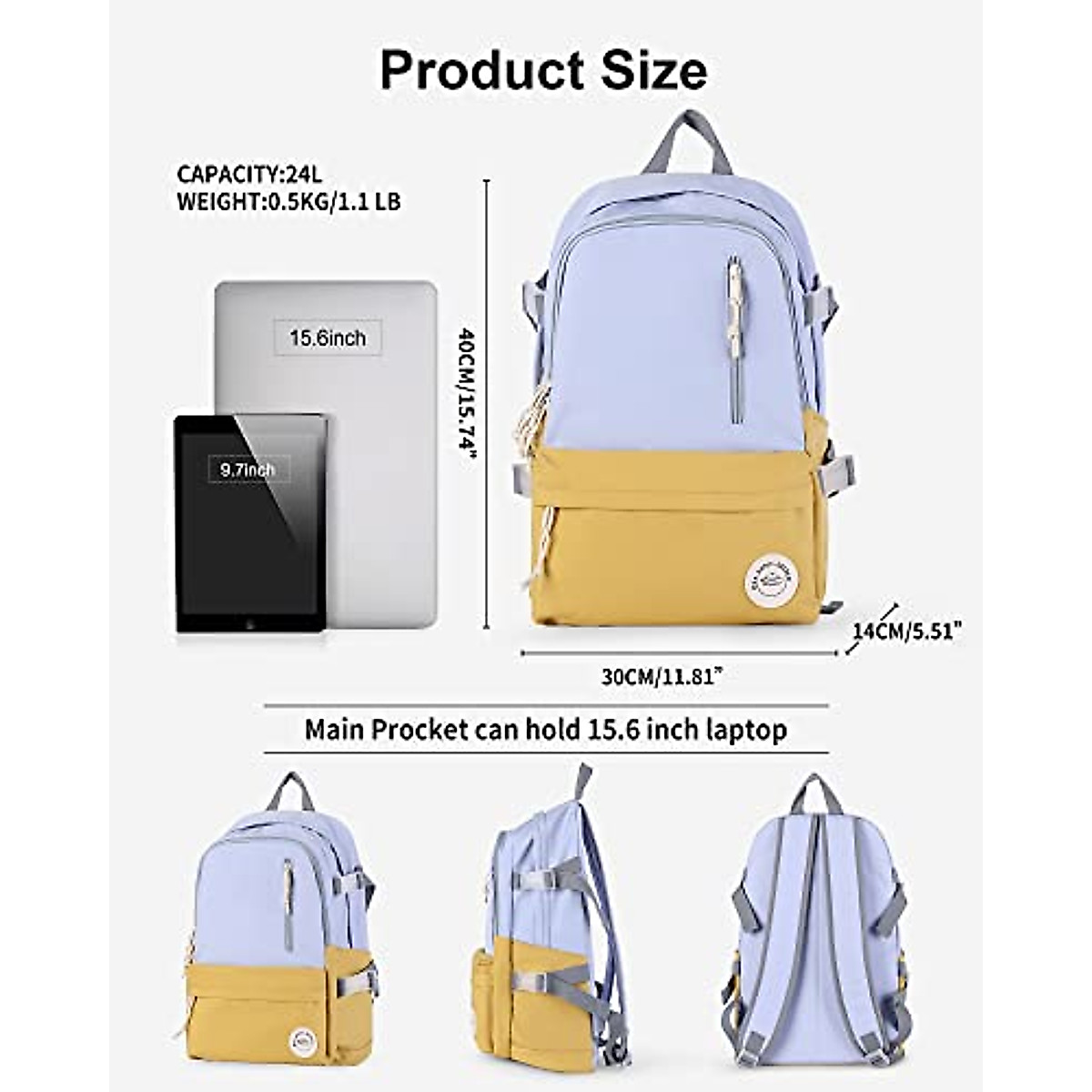 VGOCO School Backpack for Teens Girls Boys, Middle High School Bookbag Unisex Lightweight Backpack Bag Water-proof Casual Rucksack for Women Men, Fits 14 inch Laptop Work Daypack Blue Yellow