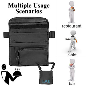 HGNUTAY Server Apron Waiter waitress Server Apron Pouch with Removable Money Restaurant Water-resistant Apron Bag with Adjustable Shoulder Strap and Waist Belt for Tip, Change, IPad, Tablet, Black