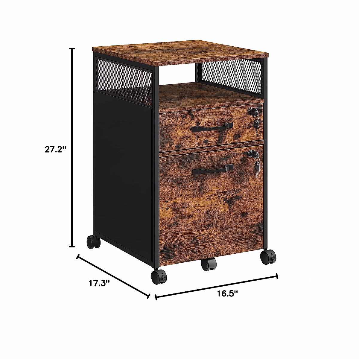 VASAGLE File Cabinet with Lock, Filing Cabinet with 2 Storage Drawers, for Hanging File Folders, Open Shelf, Home Office, Steel Frame, Industrial, Rustic Brown and Black UOFC077B01