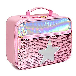 LBTING Lunch Box for Kids Girls, Insulated Glitters Star Lunch Bag Reusable Thermal Cooler Meal Tote for School Office Outdoor – Pink