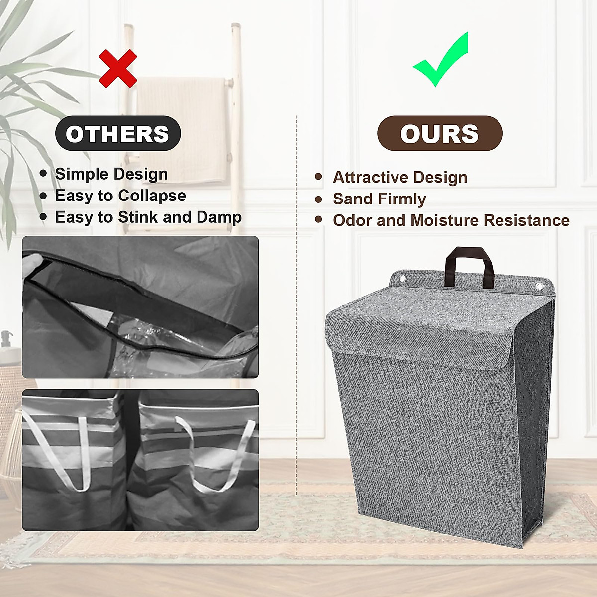 Genogore Hanging Laundry Hamper Bag, 3 Pack Collapsible Laundry Baskets with Lids and Over the Door Hooks, Laundry Bags for Laundry Room Bedrooms Bathrooms College Dorms