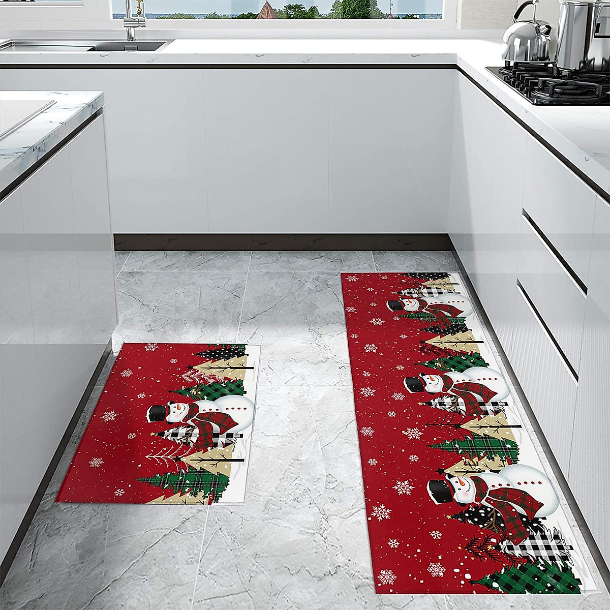 Miaklek Christmas Kitchen Rugs Set of 2 Anti Fatigue Mats for Kitchen Floor Cushioned Kitchen Rugs and Mats Non Slip Kitchen Runner Comfort Standing Mat, Cute Snowman Xmas Tree Winter Snowflake Red