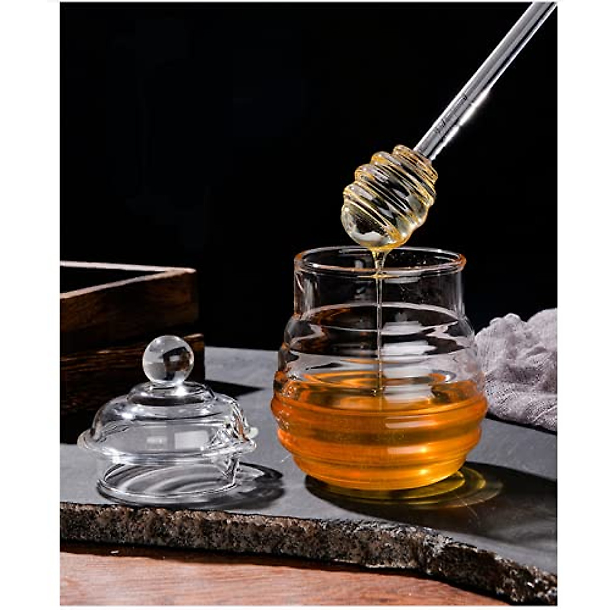 10 OZ Transparent Honey Jar with Dipper and Lid Glass Beehive Style Honey Pot for Home Kitchen Store Honey and Syrup
