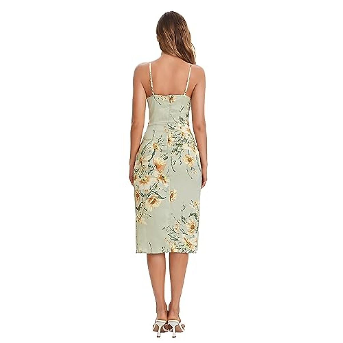 Floerns Women's Floral Print Cowl Neck Ruched Sleeveless Satin Slit Party Dress Green Multi L