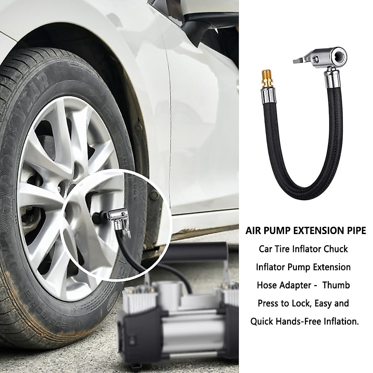 OFBAND Locking Tire Inflator Chuck Extension Adapter,Air Chuck Quick Connect and 20cm/7.8" Tire Inflator Hose for All Standard US Tire Inflator Pump Hose Adapter