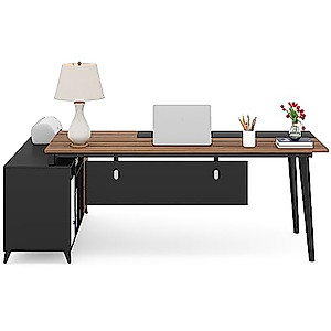 Tribesigns 70.8" Executive Desk with 43" Drawers File Cabinet, Large L-Shaped Computer Office Desk with Printer Stand, Business Furniture Workstation for Home Office