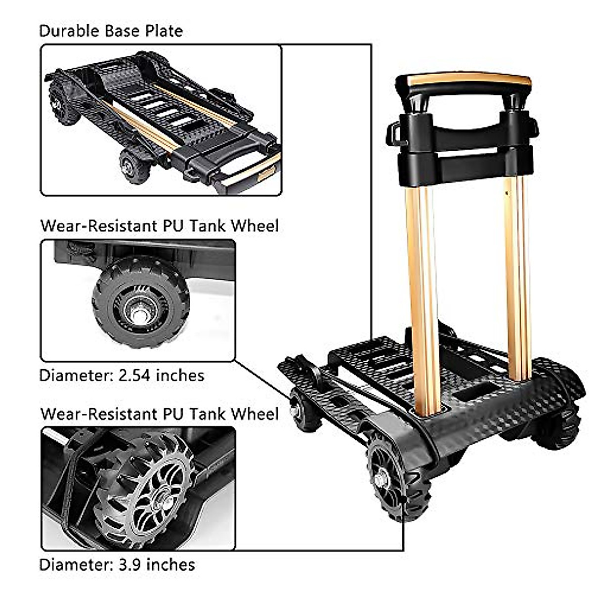 Folding Hand Truck Portable Dolly Compact Utility Luggage Cart with 70Kg/155Lbs Heavy Duty 4 Wheels Solid Construction Adjustable Handle for Moving Travel Shopping Office Use (Black)