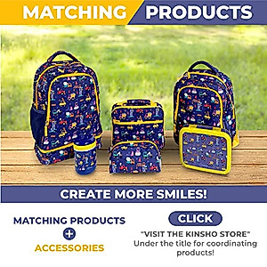 Backpack with Lunch Box for Boys, Cute 15” Boy Backpacks and Integrated Lunch Bag with Water Bottle Pocket Holder, Insulated Padded Travel Bags Boxes for Elementary School Kids, Blue Yellow Trucks