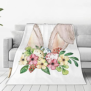 Throw Blanket Watercolor Easter Bunny Ears Warm Cozy Soft Lightweight Flannel Fleece Blanket for Bedroom Sofa Room Home Decorative Fuzzy Blanket 50"x40"
