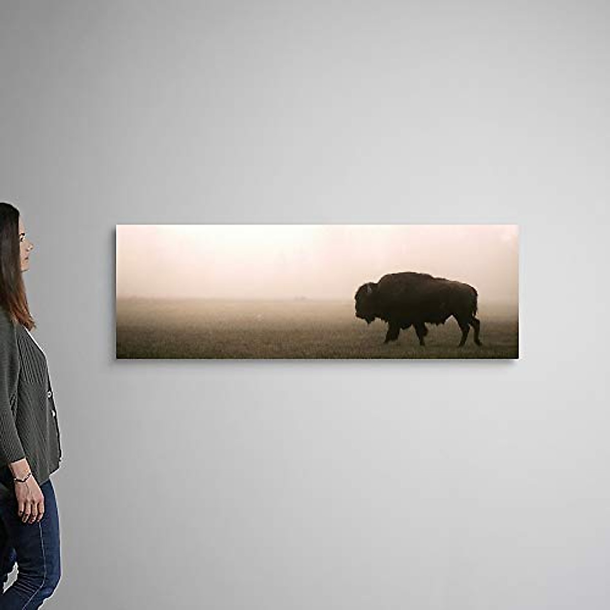 A Bison in Mist - Panoramic Canvas Wall Art Print, Wyoming Artwork