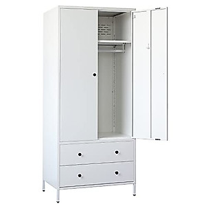 CJF Metal Storage Wardrobe with Hanging Rod, Armoire with 2 Doors and 2 Drawers，Steel Wardrobe Closet for Home, Office 74" H x 31.5" W x 20" D (White)