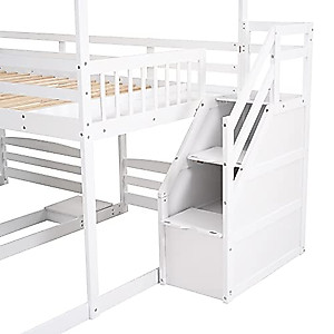 OYN Full Over Twin & Twin Floor Triple House Bunk Bed with Slide, Storage Staircase, Built-in Drawer and Shelf for Children Teens Boys and Girls ,Modren Bedroom Bedframe Furniture, White
