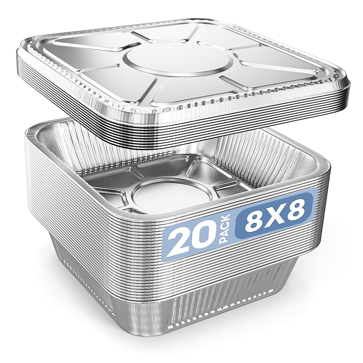 DOBI 8x8 Aluminum Foil Pans With Lids (20 Pack) - 8 Inch Disposable Square Baking Pans with Foil Lids - Tins for Cake, Casserole, Lasagna, Meatloaf, or Brownie. Standrad Size: 8" x 8" x 1.75"