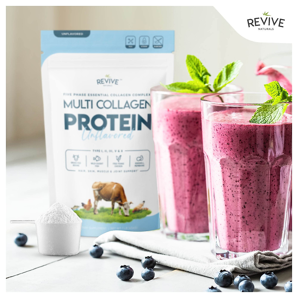 Multi Collagen Hydrolyzed Protein Powder (16oz) - Types I, II, III, V & X - Grass Fed Bovine (Peptan®), Wild Caught Marine, Free Roaming Chicken & Eggshell Collagen Peptides, Non-GMO, GF.