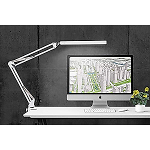 PSIVEN LED Desk Lamp, Architect Task Lamp, Metal Swing Arm Drafting Table Lamp with Base and Clamp (3 Color Modes, 10-Level Dimmer, Memory Function) Highly Adjustable Office, Craft, Workbench Light