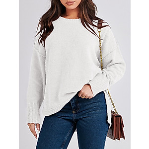 ANRABESS Women's 2024 Fall Oversized Long Sleeve Chunky Fuzzy Knit Casual Crewneck Warm Pullover Sweaters Top Trendy Outfits White
