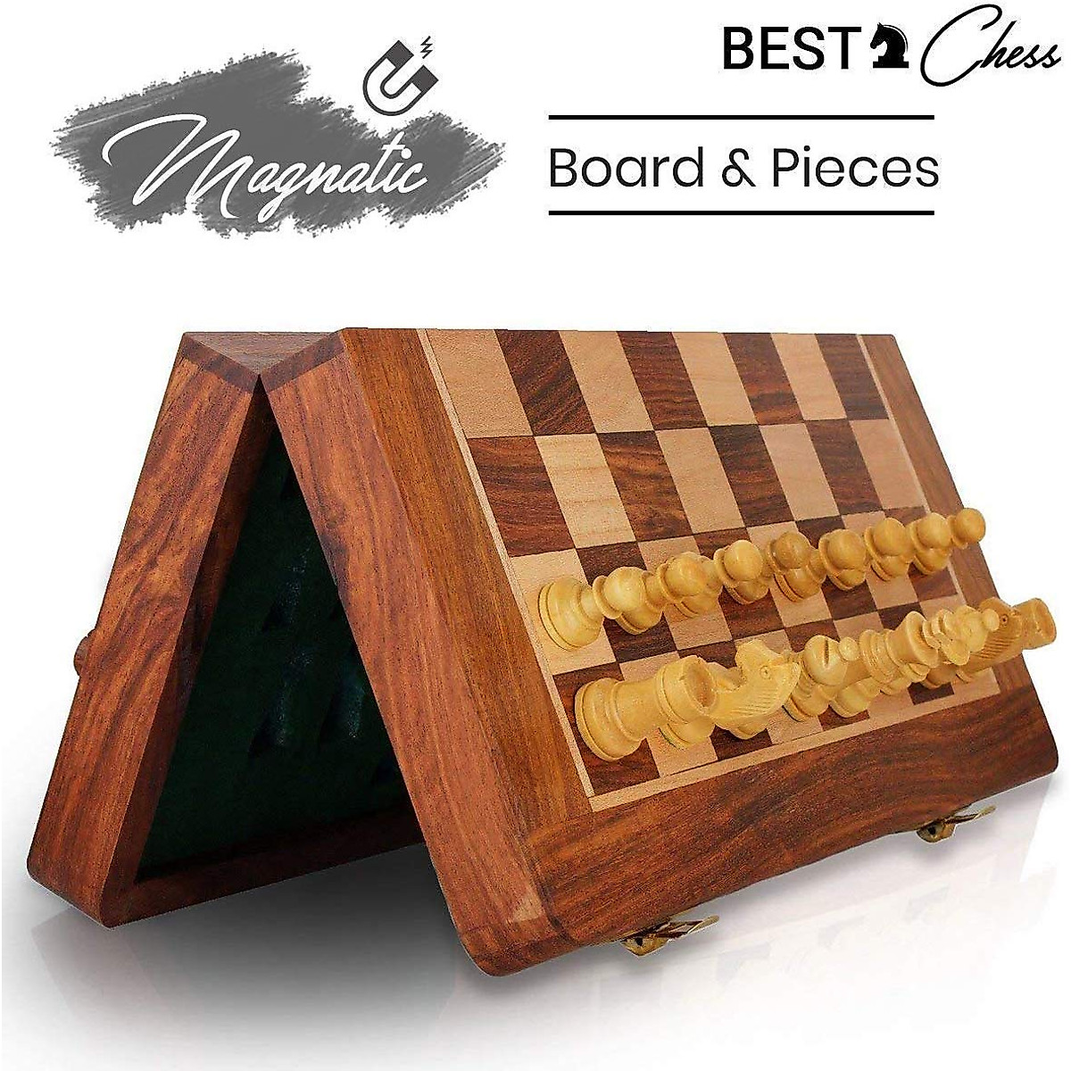 BCBESTCHESS Set, Premium Quality, Handcrafted Rosewood Unique Chess Board Set, Foldable Secure Storage for Magnetic Pieces with Extra Queens, Chess Set for Kids and Adults, Brown (16x16 Inches)