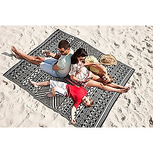 Beverly Rug Aztec Outdoor Rugs 8x10 Waterproof Boho Reversible Plastic Straw Rug Bohemian Outdoor Carpet, Outside Mat for Patio, Camping, Picnic, Porch, Deck, RV, Beach, Pool, Black and White, Texas