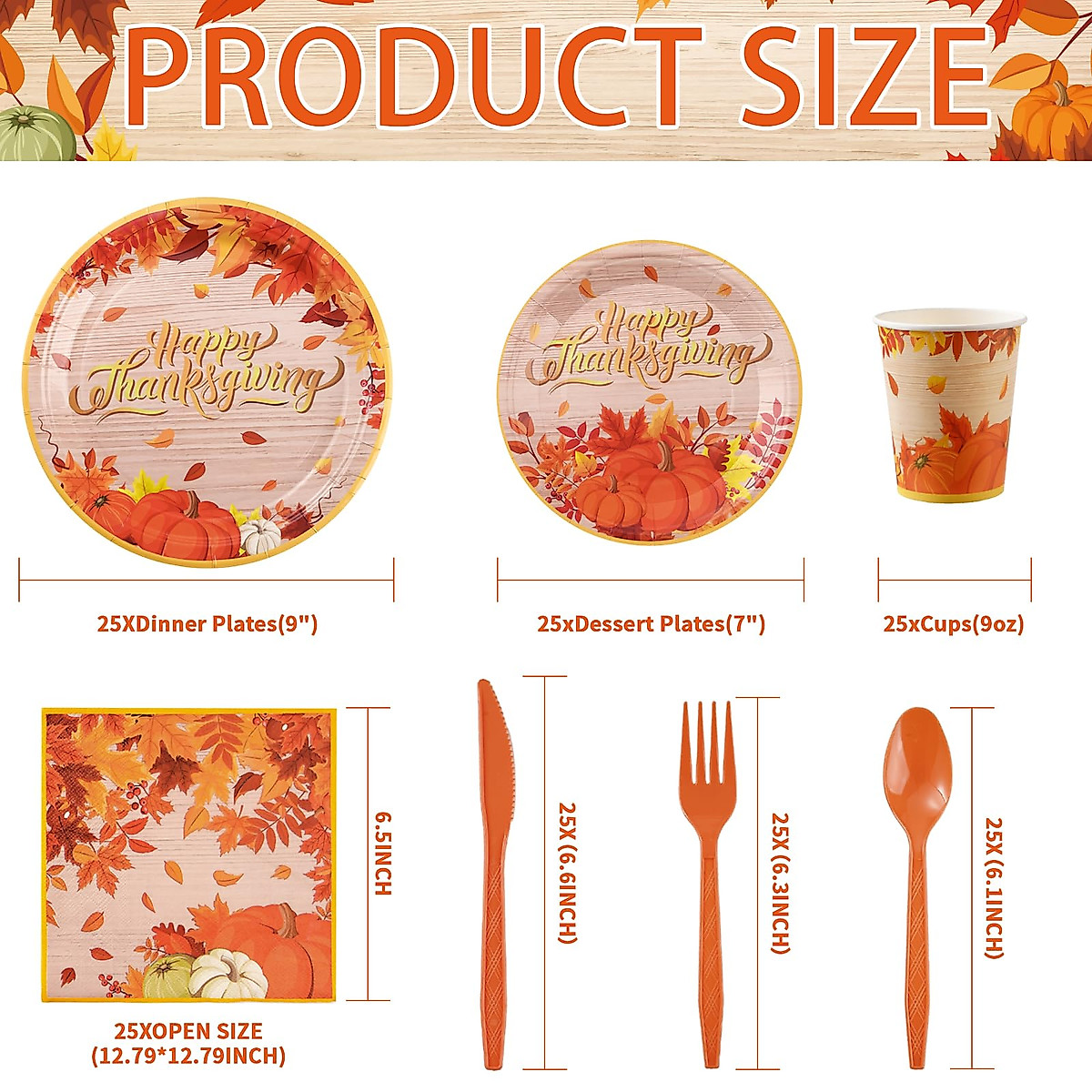 Grencian 175Pcs Thanksgiving Paper Plates and Napkins Set Thanksgiving Party Supplies Happy Thanksgiving Fall Leaves Disposable Dinnerware Set for Thanksgiving Theme Party, Serves 25