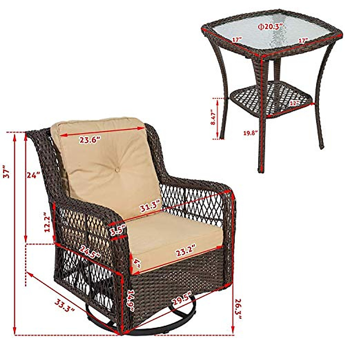 ZyduzscAC Wow Direct 3 Pieces Swivel Rocking Wicker Patio Furniture Bistro Set, Outdoor and Indoor Rocking Chair Set, 4.7" Beige Cushioned 2 Swivel Rocking Patio Chairs and 1 Glass Side Table