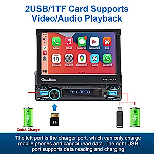 Single Din Touchscreen Car Stereo Wireless CarPlay Android Auto 7 Inch Motorized Flip Out Car Radio Player Mirror Link Flip Up Retractable Touch Screen Head Unit FM Car Audio Receiver USB/TF/AUX Port