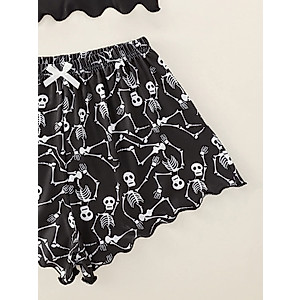 WDIRARA Women's Sleepwear Skull Print Strap Pajama Set Cami and Shorts Black Bow L