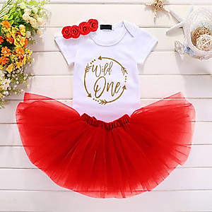 IBTOM CASTLE Baby Girl 1st Birthday 3pcs Crown Floral Boho Clothes Headband & One Piece Bodysuit Jumpsuit Onesies & Layered Tulle Skirts Princess Photo Shoot Costume Red Arrow Wild One Outfits 1Y