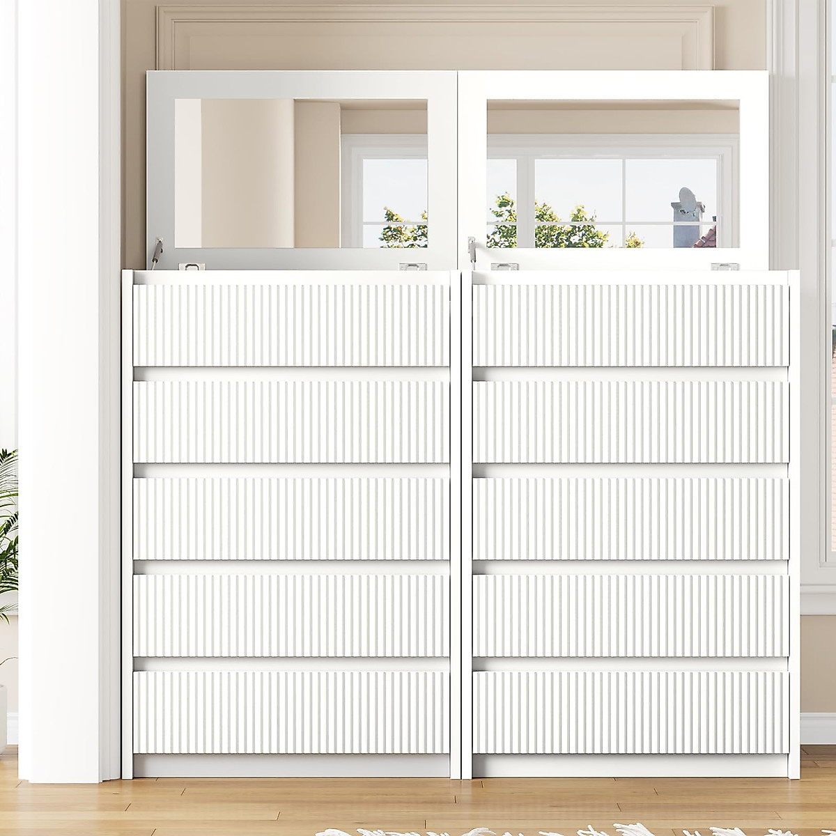 Jocoevol White Dresser 5 Drawer Dresser for Bedroom, Modern Fluted Dresser with Deep Drawers and Mirror, Wooden Dresser Chest of Drawers for Living Room, Hallway, Entryway