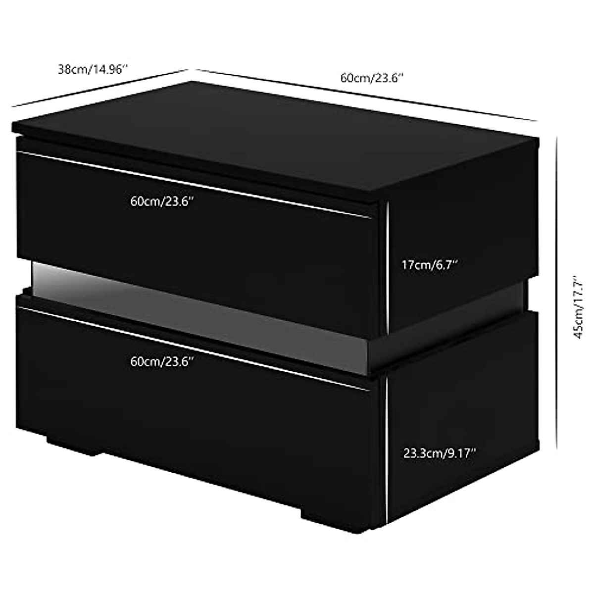 LED Nightstand Set of 2 with 2 Storage Drawers, Modern High Gloss Bedside Table with Led Lights, End Table for Bedroom Furniture(Black,2