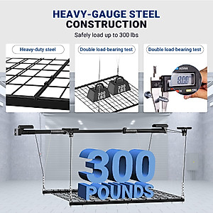 FLEXIMOUNTS Garage Lifting Metal Rack, 4x4 Ft Overhead Garage Storage Racks, Adjustable Heavy-Duty Ceiling Organization System, 300lbs Weight, Satin Black