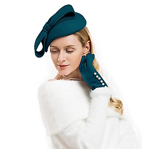 F FADVES Wool Felt Fascinator Winter Women Pillbox Hat Bowknot Fedoras Blue