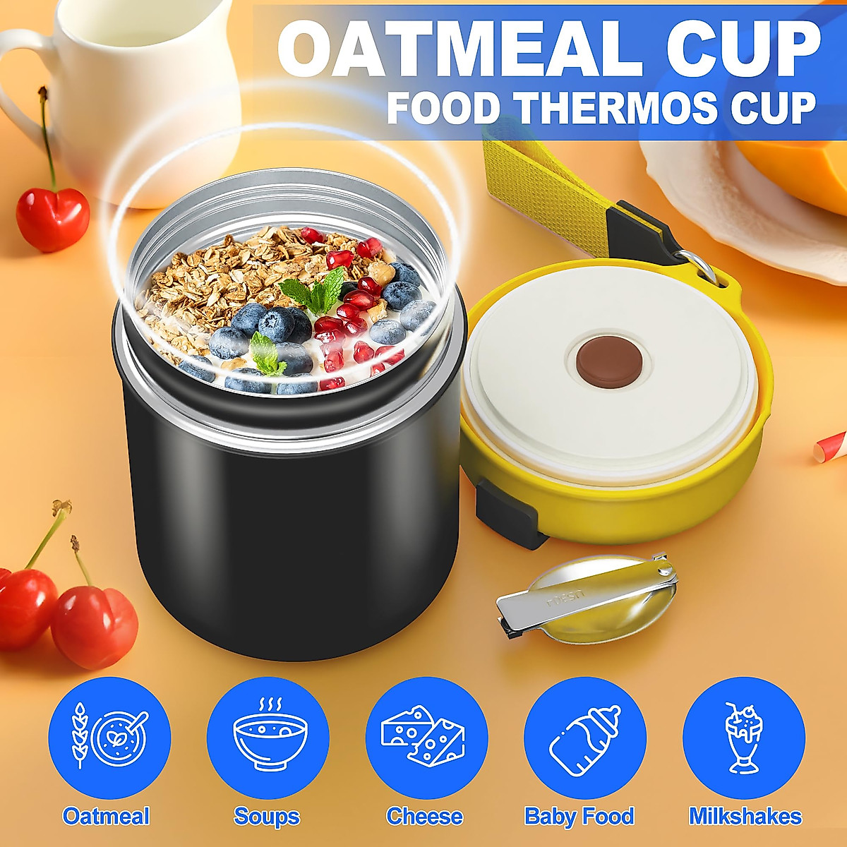 MZLMZL 15.8OZ Kids Food Soup Container Lunchbox - Adult Stainless Steel Thermo Food Jar,for Hot Cold Width Mouth with Spoon Food Hydroflask,Bottle Leak Proof Hot Food Storage Outdoor Camping (Black)