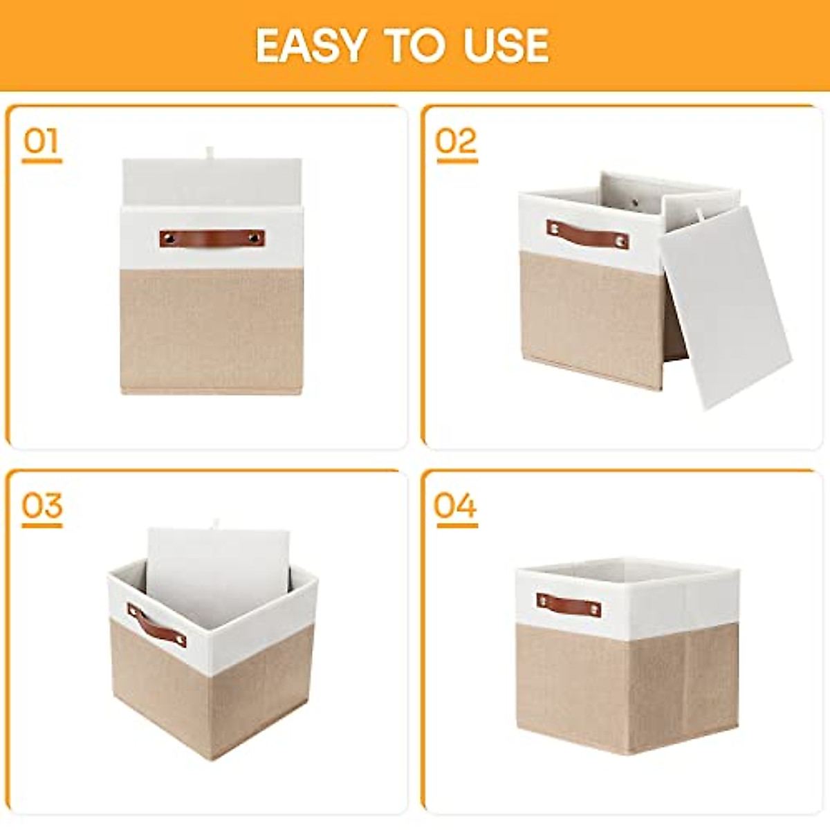 DULLEMELO 11 inch Cube Storage Bins,Fabric Storage Cubes for Organizing,Collapsible Foldable Linen Canvas Closet Storage Bins for Shelves Closet Bedroom Toys Home Office(White&Khaki)