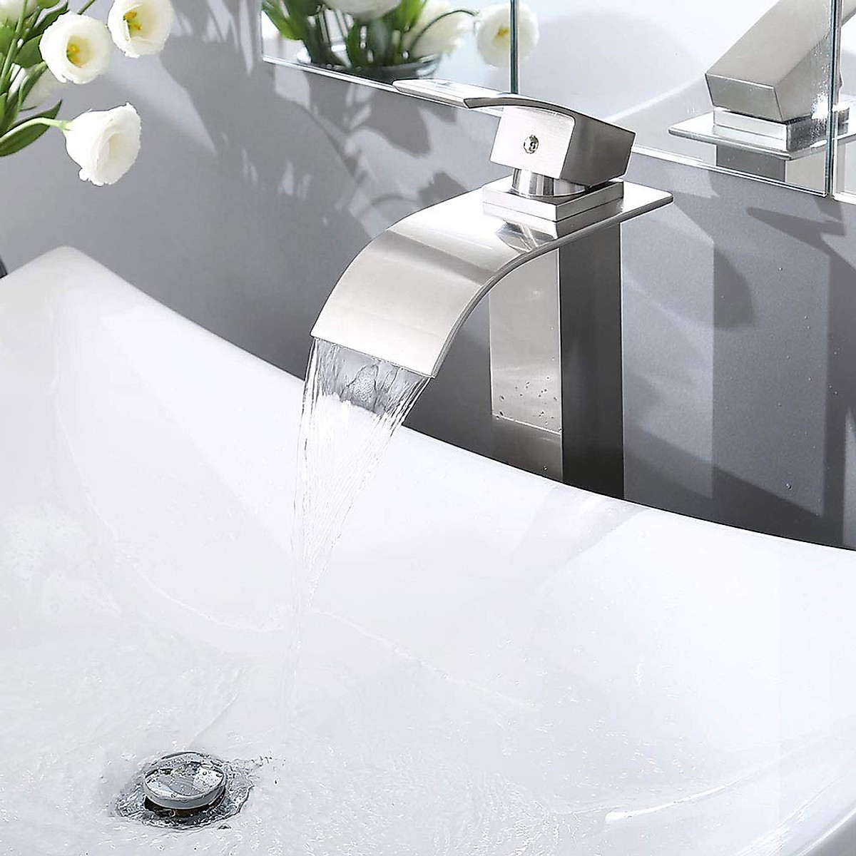 Aquaterior Waterfall Spout Single Handle Bathroom Vessel Sink Faucet with Mixer Tap One Hole Tall Bath RV Faucet Brushed Nickel(CUPC NSF CEC)