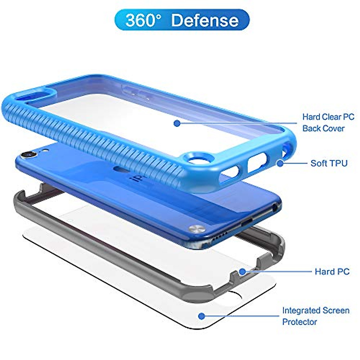 IDYStar iPod Touch 7th Generation Case, 2 in 1 Shockproof iPod Case with 2 HD Screen Protectors, Hybrid Heavy Duty Protection Shock Resistant Cover for iPod Touch 5/6/7th Generation, Sky Blue
