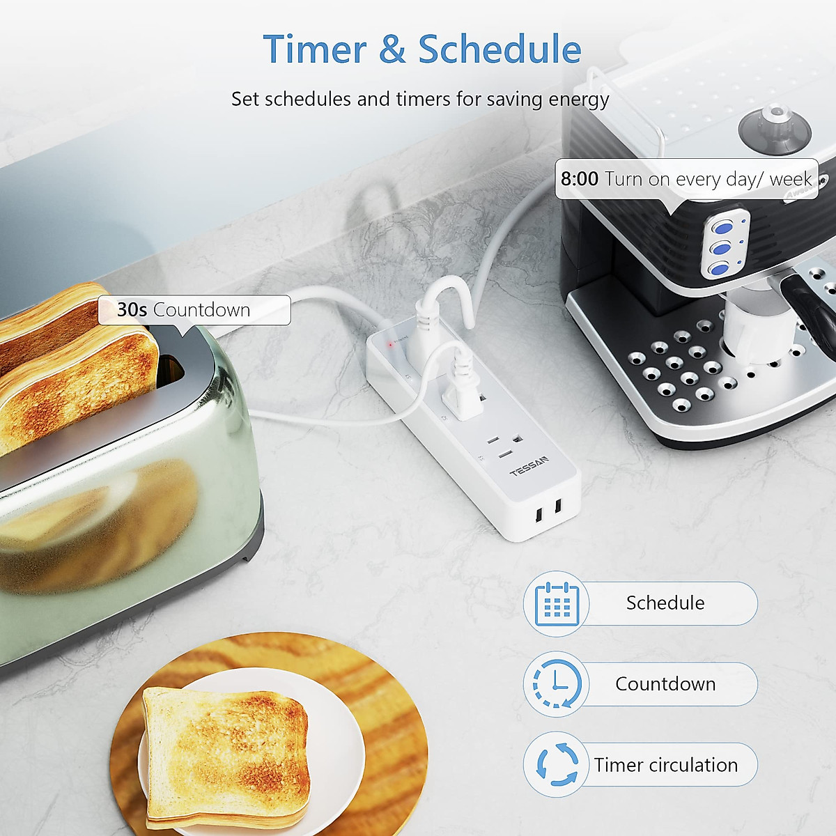 Smart Power Strip Surge Protector 900J, TESSAN WiFi Extension Cord with 3 Individually Remote Controlled Outlets Socket 2 USB, Wall Mountable Timer Smart Plug Compatible with Alexa& Google Home