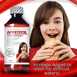 Appetitol Appetite-Weight Gain. Natural Appetite and Weight Gain Stimulant for Underweight Children Fortified with Vitamins B1,B2,B3,B5,B6,B12,Folic Acid , Iron, Zinc, Flax Seed Oil. ( 8 Fl Oz)
